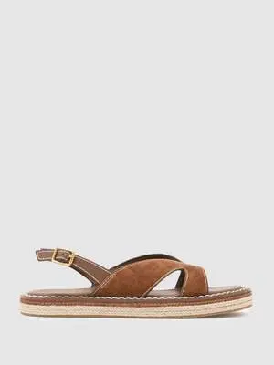 REISS Suede Contrast-stitch Flat Sandals