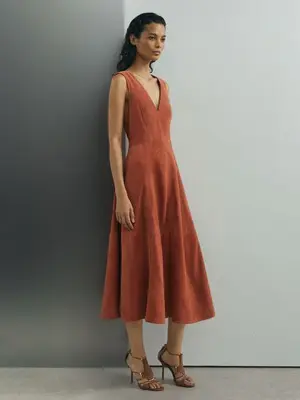 ATELIER Suede Sleeveless Midi Dress - Brown