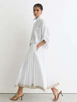 REISS Pleated Belted Midi Skirt With Cotton - Ivory