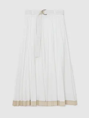 REISS Pleated Belted Midi Skirt With Cotton