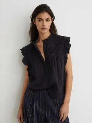 REISS Cotton Cheesecloth Sleeveless Top - Navy