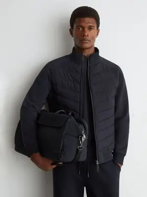 REISS Hybrid Quilted And Interlock Zip Jacket - Navy