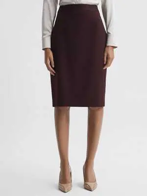 REISS Jade Wool Blend Fitted Midi Skirt - Berry