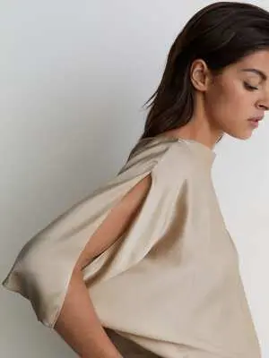 REISS Silk Draped Split-sleeve Top - Beige