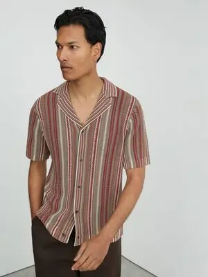 REISS Red & Camel Striped Knit Cuban-collar Shirt - Red/camel
