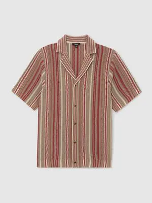 REISS Red & Camel Striped Knit Cuban-collar Shirt