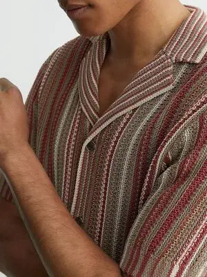 REISS Red & Camel Striped Knit Cuban-collar Shirt