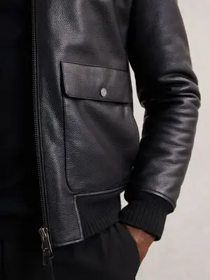REISS Leather Shearling-collar Bomber Jacket