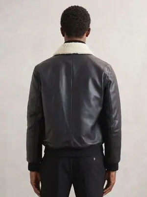 REISS Leather Shearling-collar Bomber Jacket