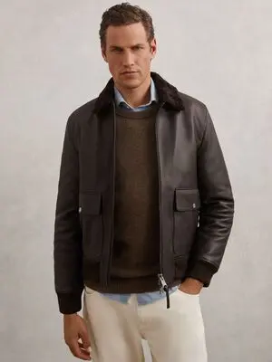 REISS Leather Shearling Collar Bomber Jacket - Brown