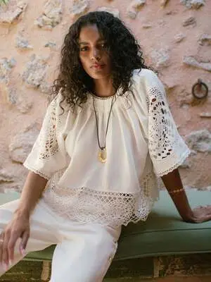 REISS Linen Embroidered Swing Top - Ivory