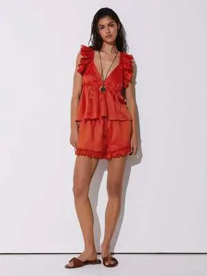 REISS Ruffle Trim Side-tie Babydoll Top - Orange