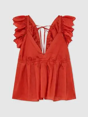 REISS Ruffle Trim Side-tie Babydoll Top
