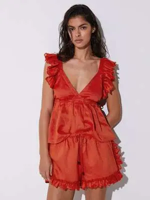 REISS Ruffle Trim Side-tie Babydoll Top