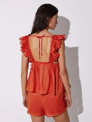 REISS Ruffle Trim Side-tie Babydoll Top