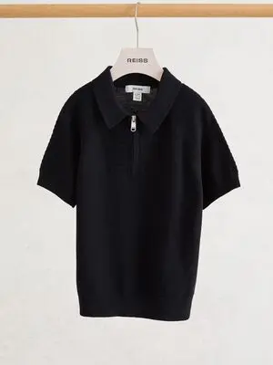 REISS 3-9 Yrs Textured-knit Half-zip Polo Shirt - Navy