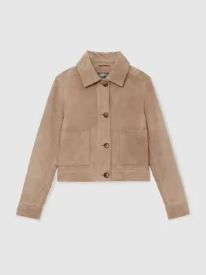 REISS Petite Suede Cropped Trucker Jacket - Neutral