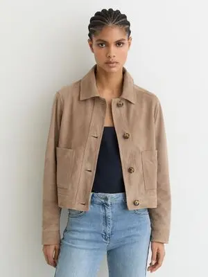 REISS Petite Suede Cropped Trucker Jacket - Neutral