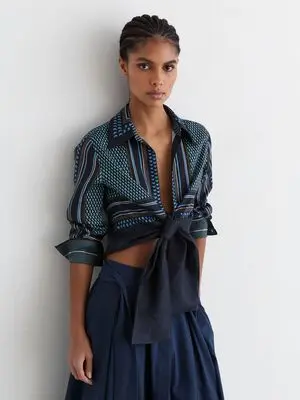REISS Linen Scarf-print Tie-front Shirt