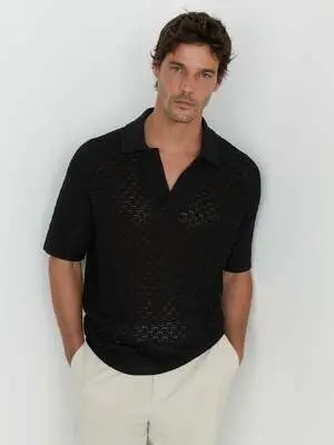 REISS Cotton-blend Crochet-knit Polo - Black