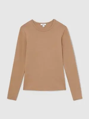REISS Cotton Crew-neck Long-sleeve T-shirt With Stretch - Camel