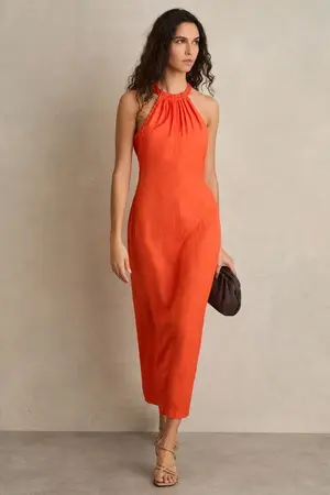 REISS Erika Whipstitch Halterneck Midi Dress - Red