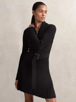 REISS Rib-knit Belted Half-zip Flippy Dress - Black