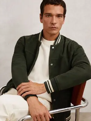 REISS Suede Stripe-trim Bomber Jacket - Forest Green