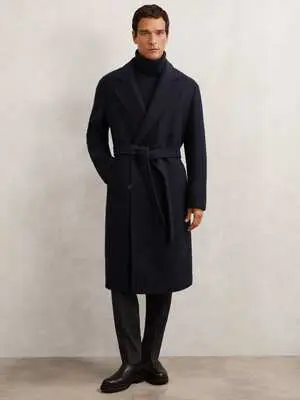 REISS Bouclé Double-breasted Overcoat Wool-blend - Navy