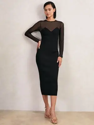 REISS Mesh Rib-knit Sweetheart Midi Dress - Black