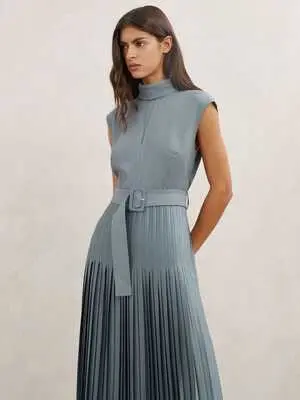 REISS Roll-neck Belted Pleated Midi Dress - Blue