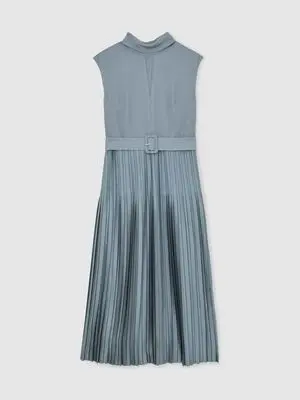 REISS Roll-neck Belted Pleated Midi Dress