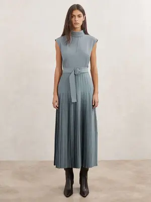 REISS Roll-neck Belted Pleated Midi Dress