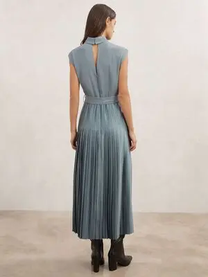 REISS Roll-neck Belted Pleated Midi Dress