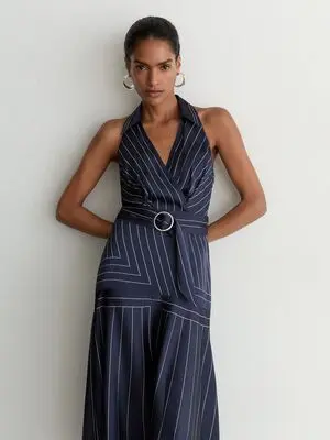 REISS Striped Sleeveless Collared Midi Dress - Navy