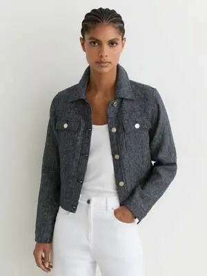 REISS Linen-cotton Woven Trucker Jacket - Navy
