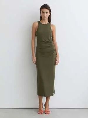 REISS Jersey Ruched Racer Midi Dress - Khaki