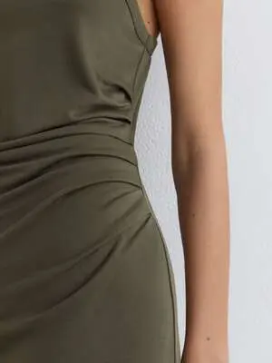 REISS Jersey Ruched Racer Midi Dress - Khaki
