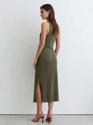 REISS Jersey Ruched Racer Midi Dress - Khaki