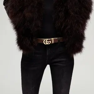Gucci Gg Marmont Thin Leather Belt With Double G Buckle - Beige