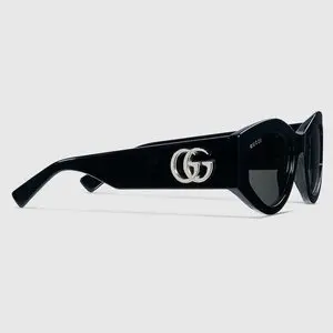 Gucci Tone Oval Frame Sunglasses With Double G Detail - Black