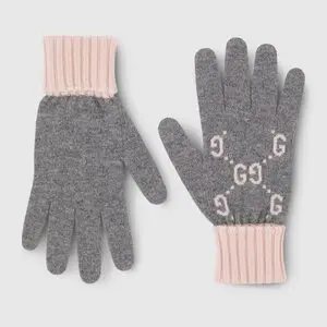 Gucci Ribbed Wool Cashmere Gloves With Double G Detail - Grey