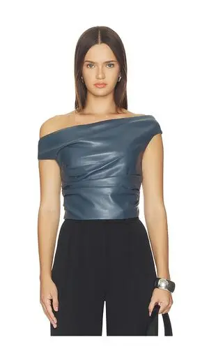 LAMARQUE One-shoulder Ruched Faux Leather Cropped Top - Blue