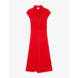 REISS Sloane Colla Belted-waist Stretch-woven Midi Dress - Red