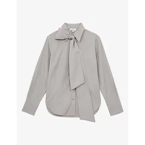 REISS Elowen Striped Tie-neck Cotton Shirt - Grey