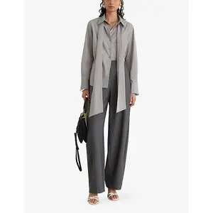 REISS Elowen Striped Tie-neck Cotton Shirt - Grey