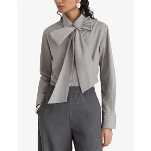 REISS Elowen Striped Tie-neck Cotton Shirt - Grey