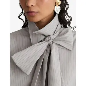 REISS Elowen Striped Tie-neck Cotton Shirt - Grey