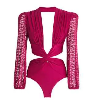 PatBO Crochet-trim Plunge-neck Bodysuit - Pink