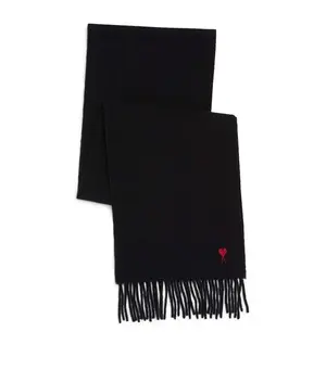 AMI Paris Wool De Coeur Fringed Scarf - Black